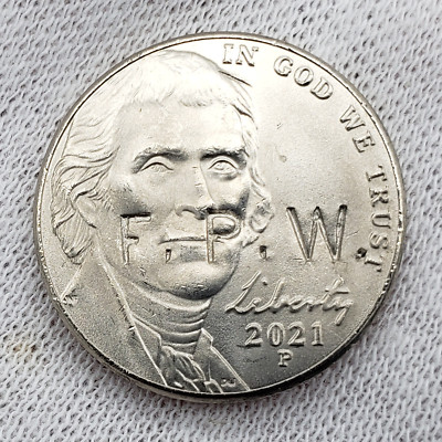 2021 Jefferson Nickel F.P.W. Initials Imprint Counterstamp Gift Lucky ...