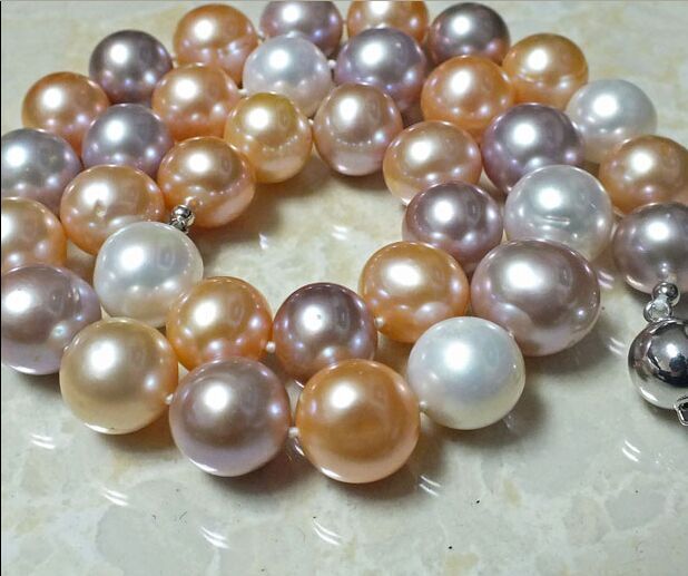 17"10-12mm Natural South Sea Genuine White Golden Pink Round Pearl ...