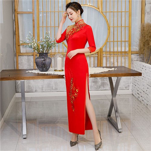 Women Sequins Qipao Bodycon Dress Gown 3D Floral Chinese Cheongsam ...