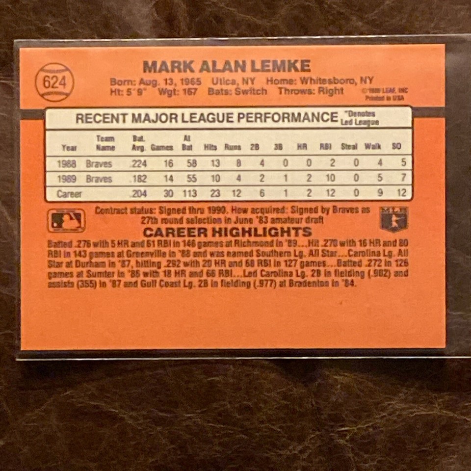 1990 Donruss Mark Lemke Braves #624 Missing “.” Error After The INC On ...