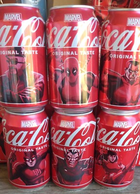 6 COKE COCA COLA CAN Marvel Dare Devil Nick Fury Deadpool Skrull ...