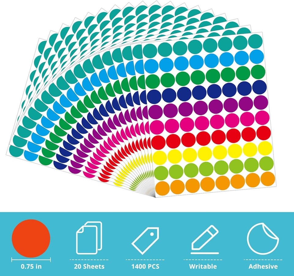1400 PCS Colored Dot Stickers Round Color Coding Labels Polka Circle ...
