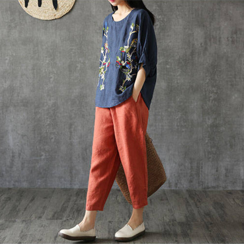 Summer Lady Cotton Linen Cropped Pants Ethnic Pocket Trousers Thin ...