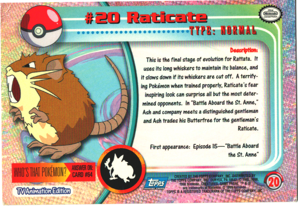Raticate #20 Blue Logo 1st Print - 1999 Pokemon Topps TV Animation ...