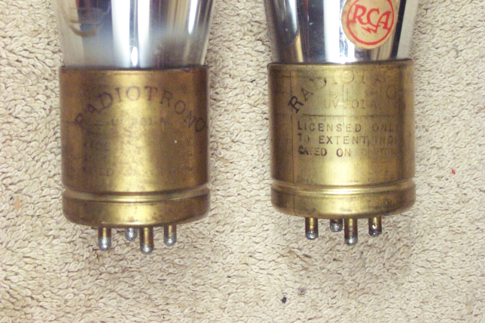 Two, RCA Radiotron UV-201A, #01A, brass base, tipped bulb, match pair ...