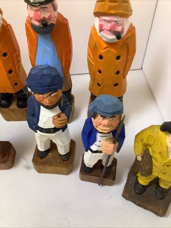 Set of 11 Vintage Nautical Hand Carved Wood Sea Captain Fisherman Folk ...