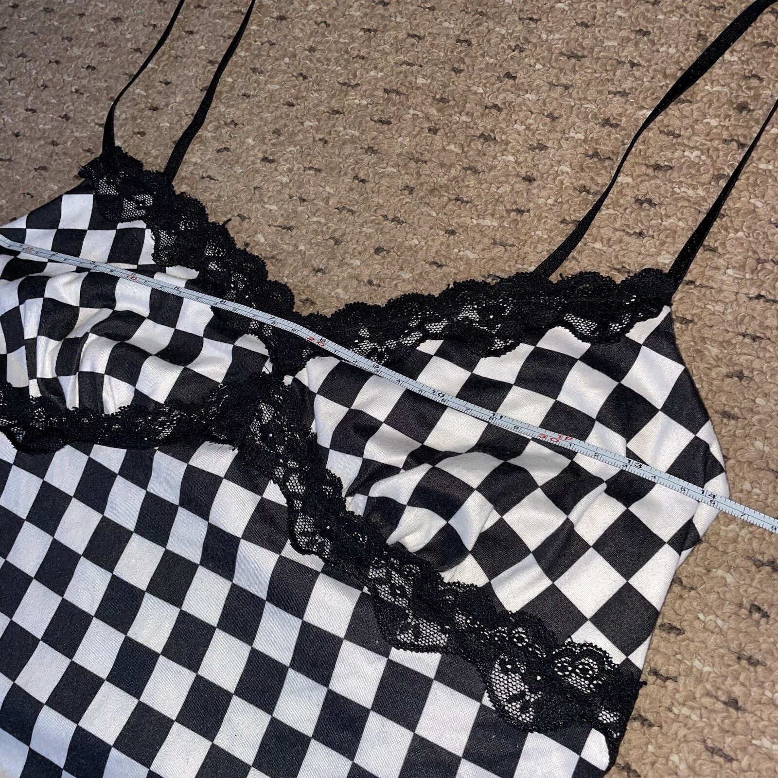 shein medium black white checkered sleeveless crop cami top w lace ...