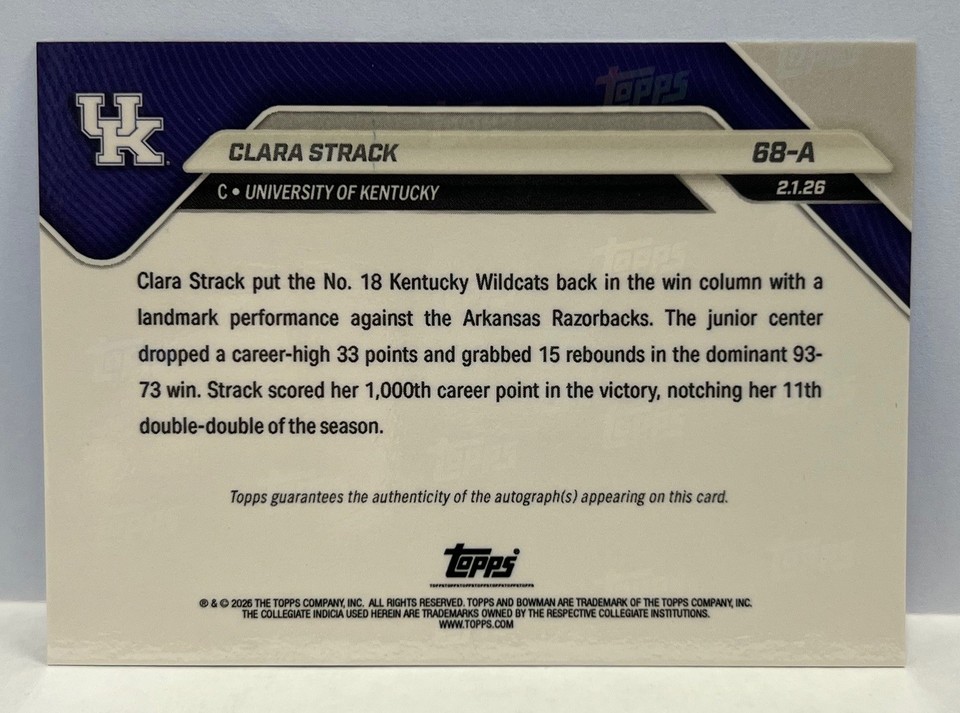 2025-26 Topps Bowman U Now #68-A Clara Strack Kentucky RED Auto ...