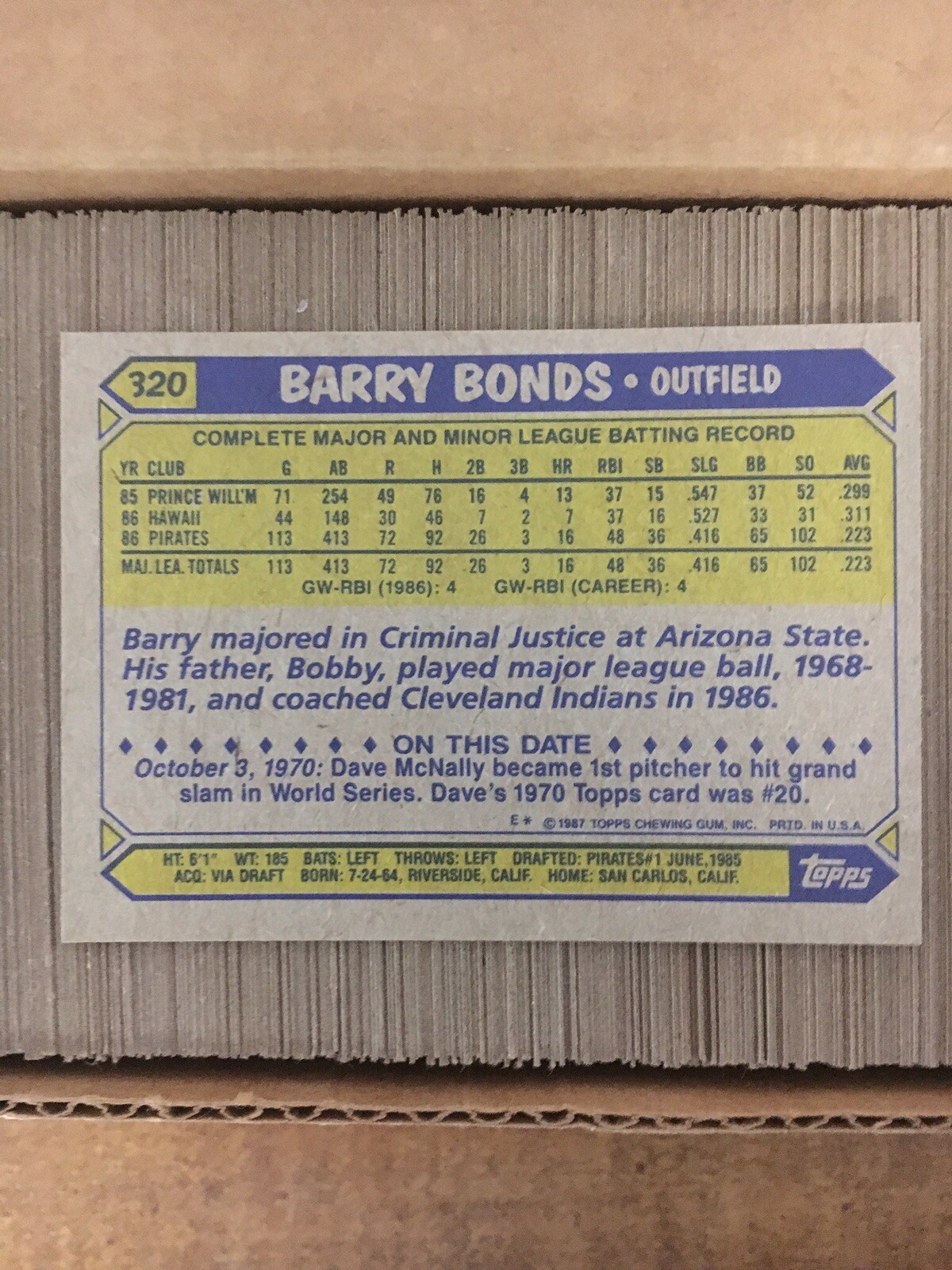 ERROR Topps Baseball Card. Barry Bonds Rookie Card | eBay