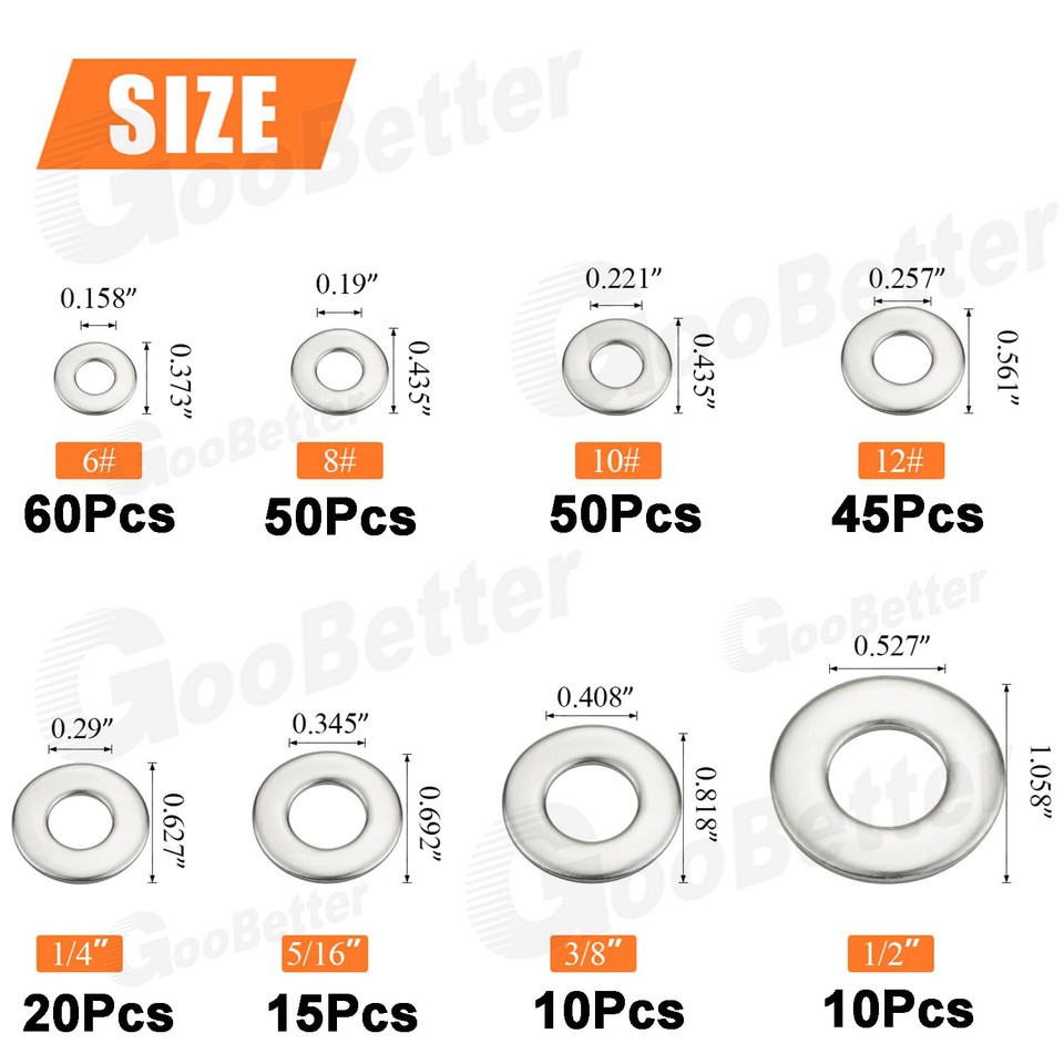 260 Pieces of 304 Stainless Steel Washers Flat Washer Assortment Set ...