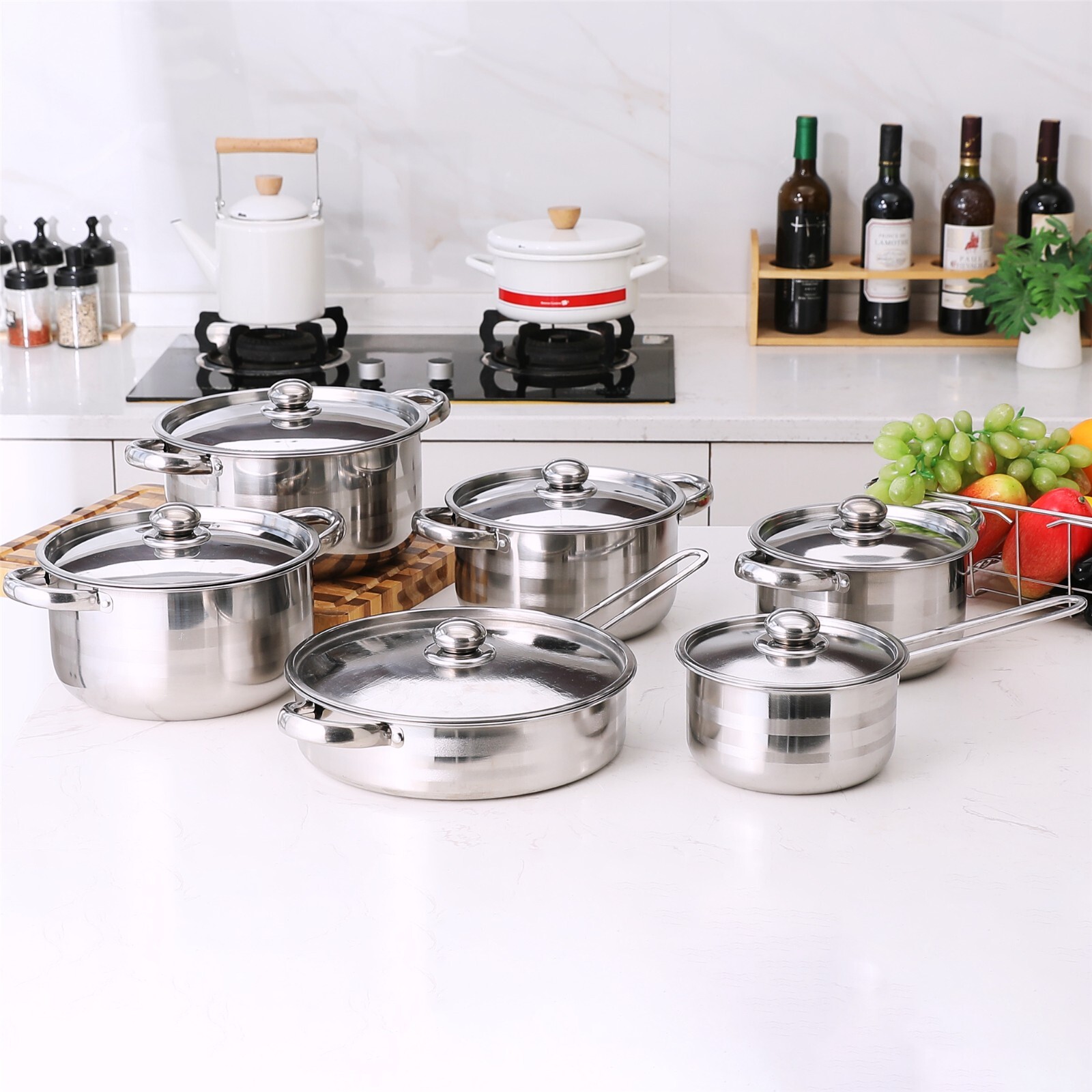 12PC STAINLESS STEEL INDUCTION HOB CASSEROLE POT SAUCEPAN COOKWARE ...