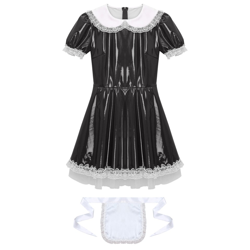 UK Lady Sexy Maid Uniform Costume Wet Look Lace PVC Leather Cosplay ...