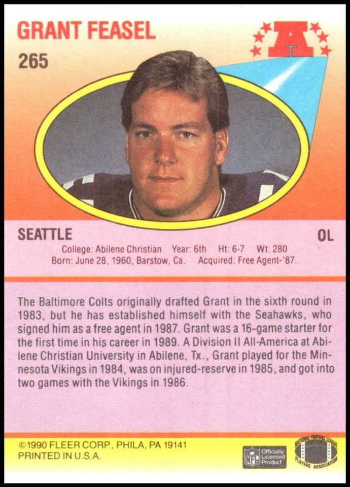 1990 Fleer #265 Grant Feasel NM-MT RC Rookie Seahawks | eBay