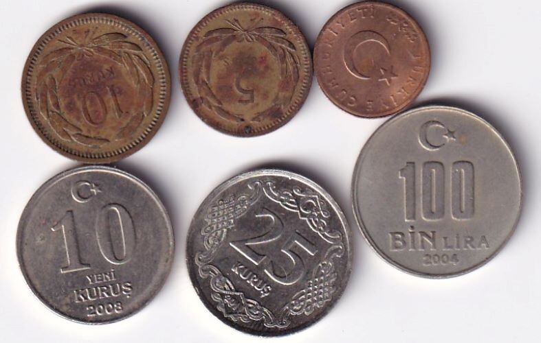 Lot of 6 Turkey coins, 1, 5, 10, and 25 Kurus, 10 Yeni Kurus, 100 Bin ...