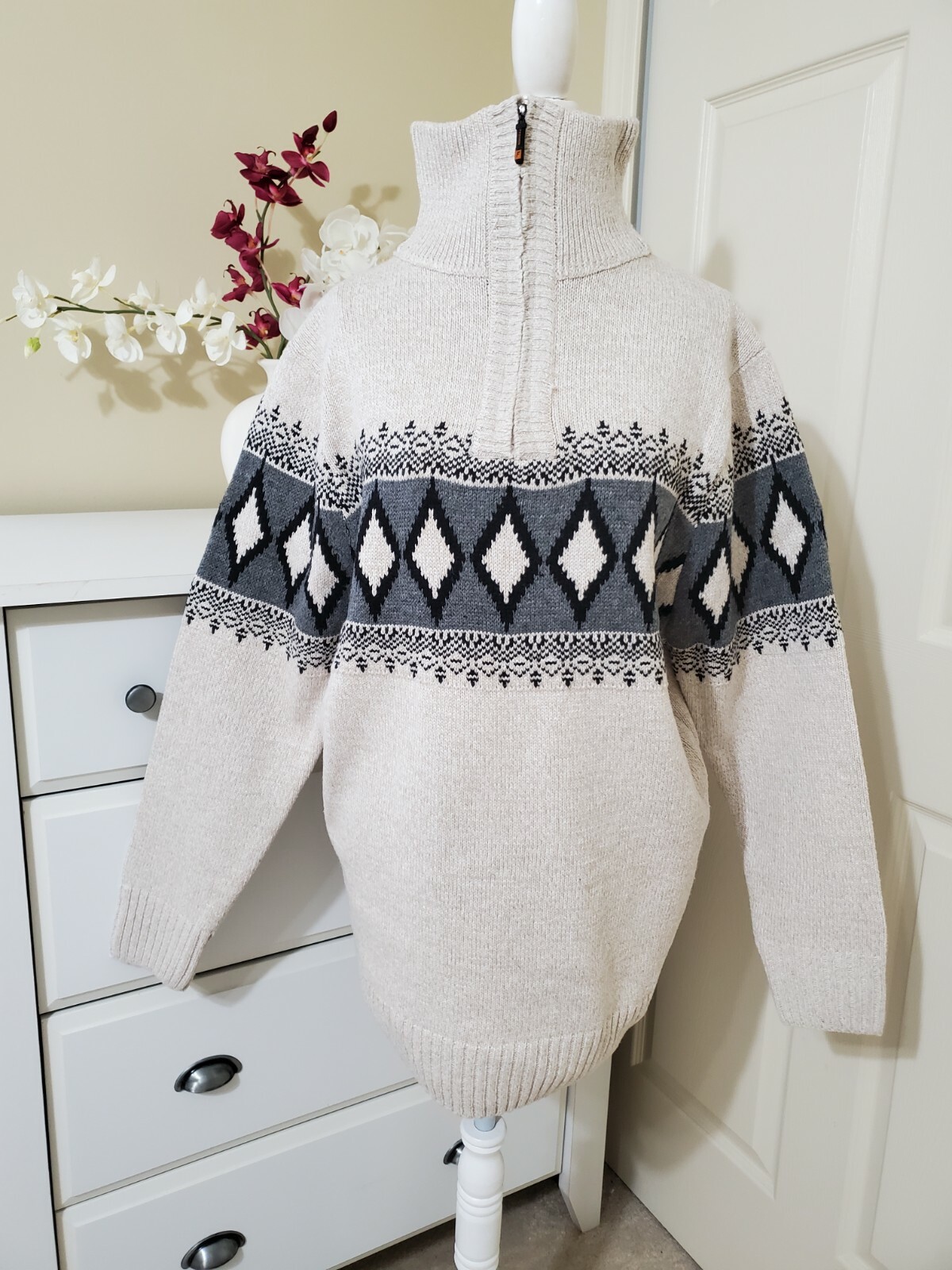 PRONTI Collection by Phita Men`s Beige Gray 1/4 Zip Argyle Sweater Sz.S ...