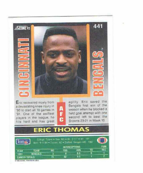 Eric Thomas Cincinnati Bengals CB #441 Score 1992 Football Card | eBay