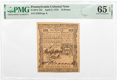 Fr. PA-155, April 3, 1772, 18 Pence, PA Colonial Currency, PMG 65EPQ | eBay