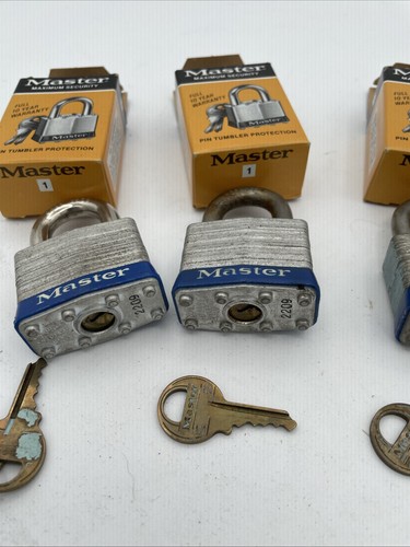 3 VINTAGE MASTER LOCK NO. 1 PADLOCKS WITH 4 KEYS In Original Boxes ...