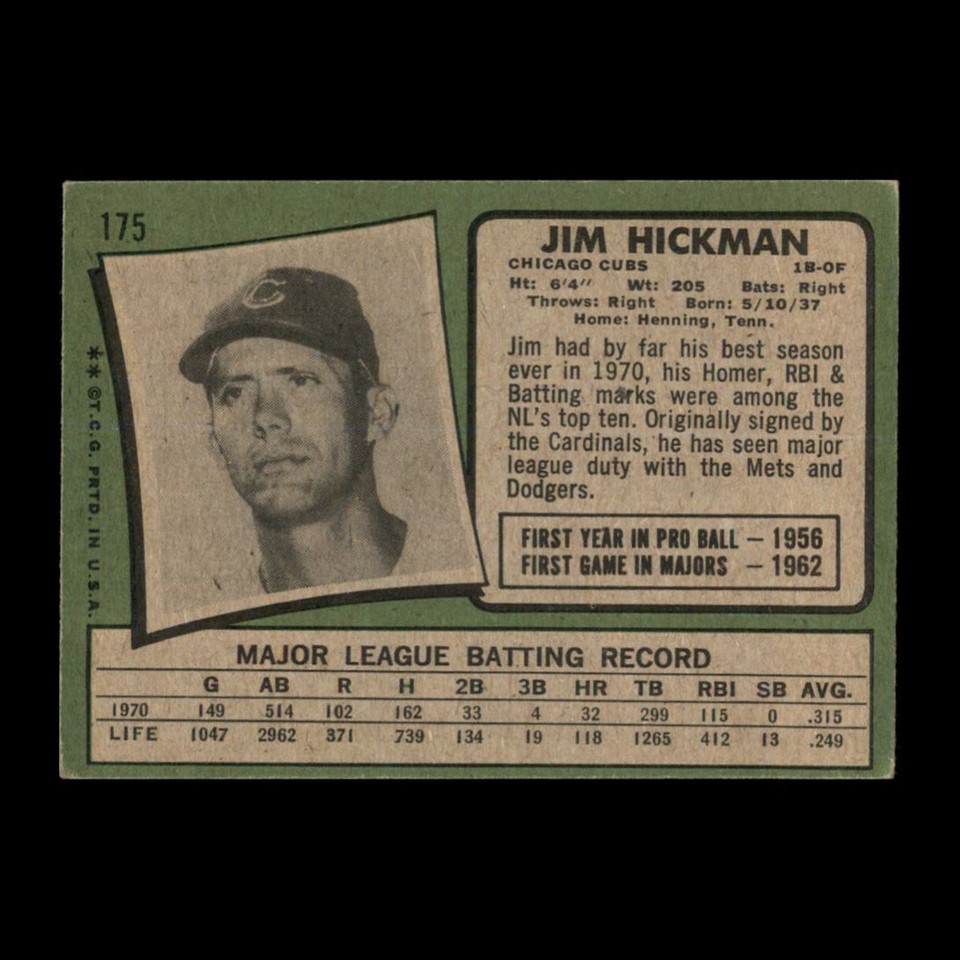 Jim Hickman 1971 Topps Chicago Cubs #175 Set Filler! 2 | eBay