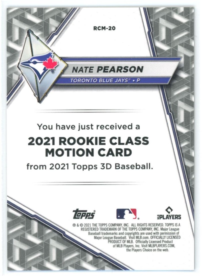 2021 Topps 3D Rookie Class Motion Card Nate Pearson RC Toronto Blue ...
