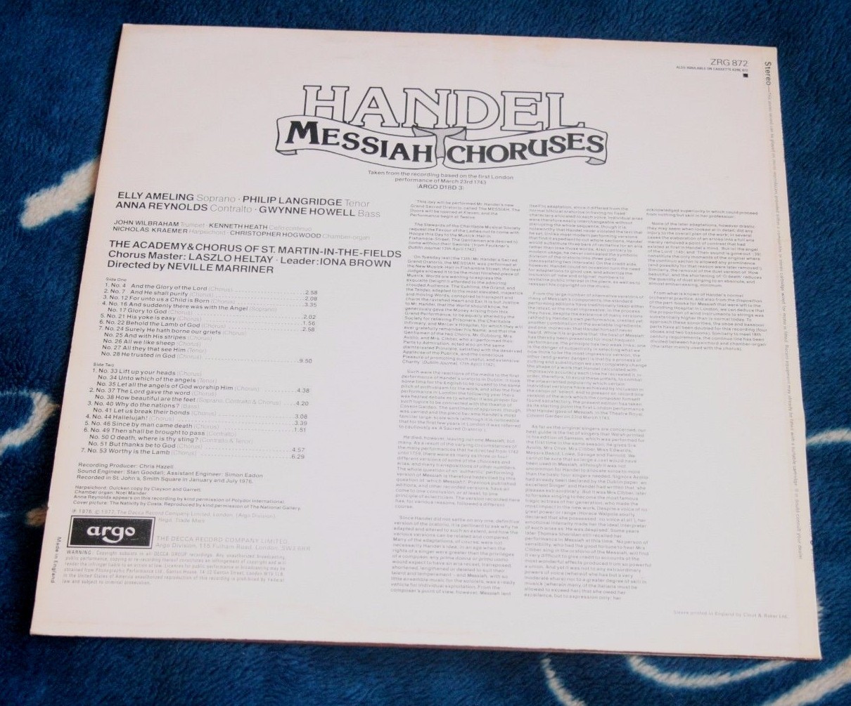 HANDEL MESSIAH CHORUSES 1977 UK LP ARGO ZRG 872 NEVILLE MARRINER ...