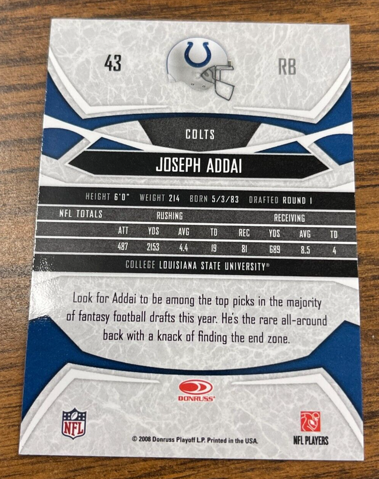2008 Donruss Gridiron Card # 43 Joseph Addai - Baltimore Colts | eBay