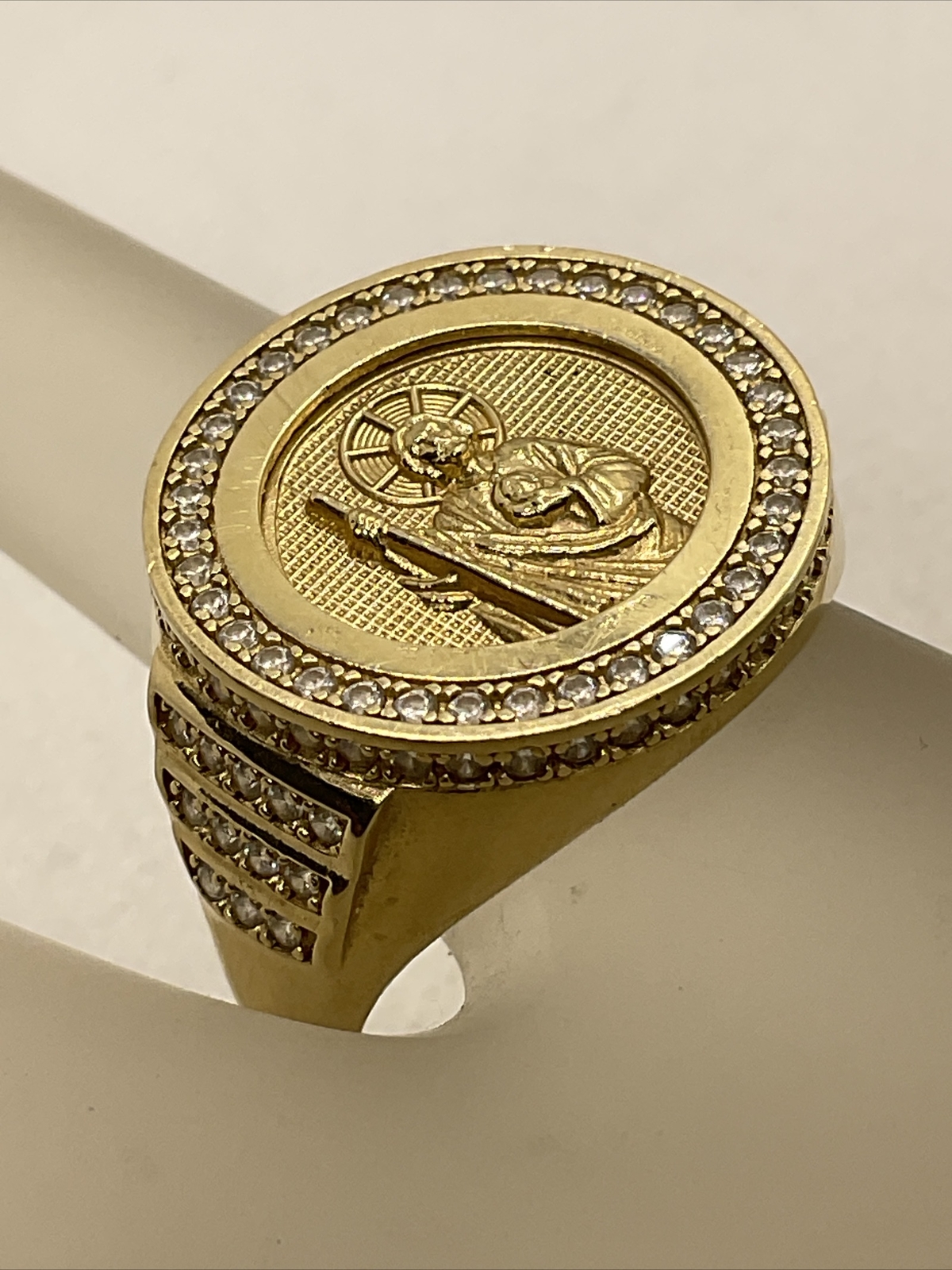 14K Yellow Gold White CZ Round Shaped SAINT JUDE SIGNET Religious MEN’S ...