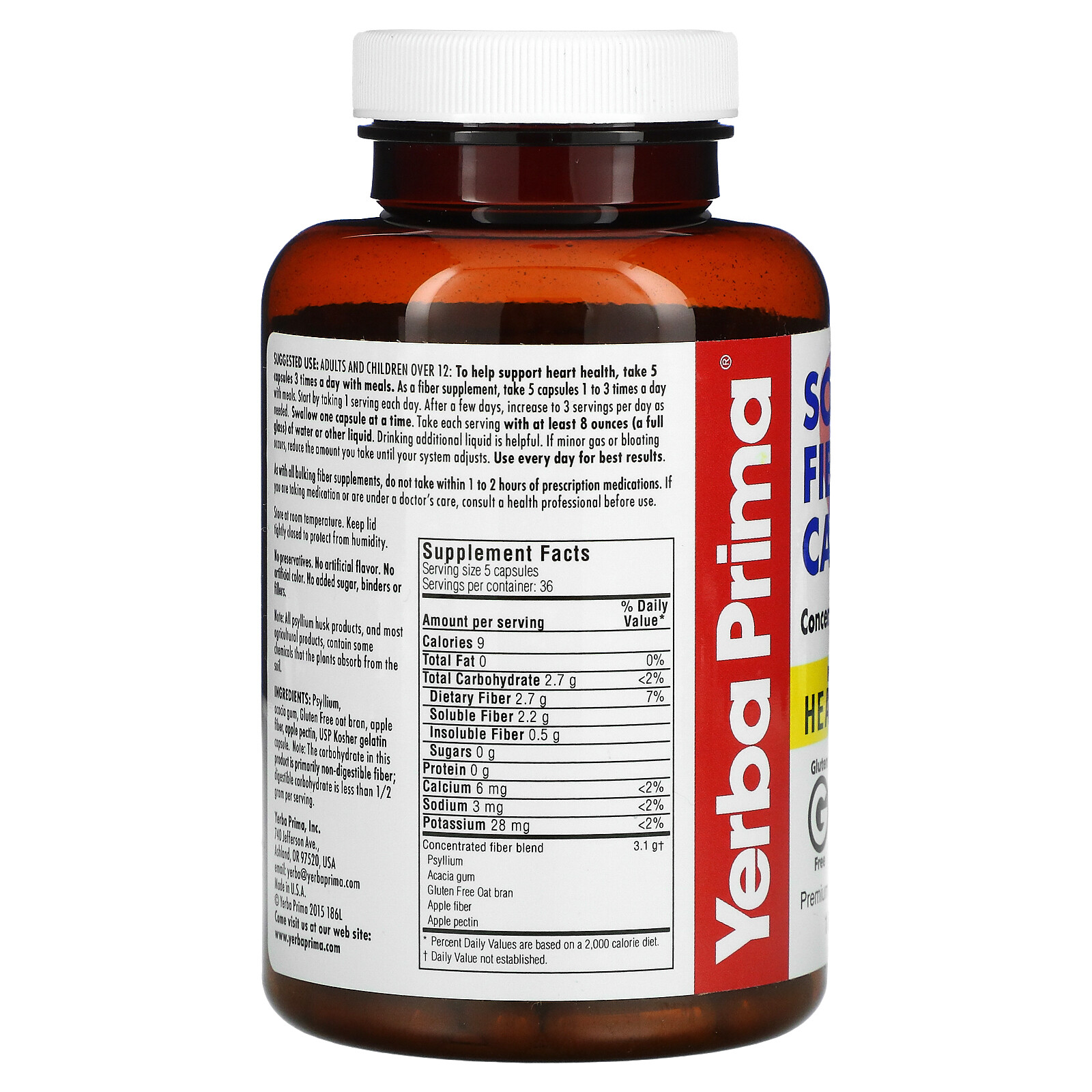 Yerba Prima Soluble Fiber Caps 625 mg 180 Capsules All-Natural, GMP ...