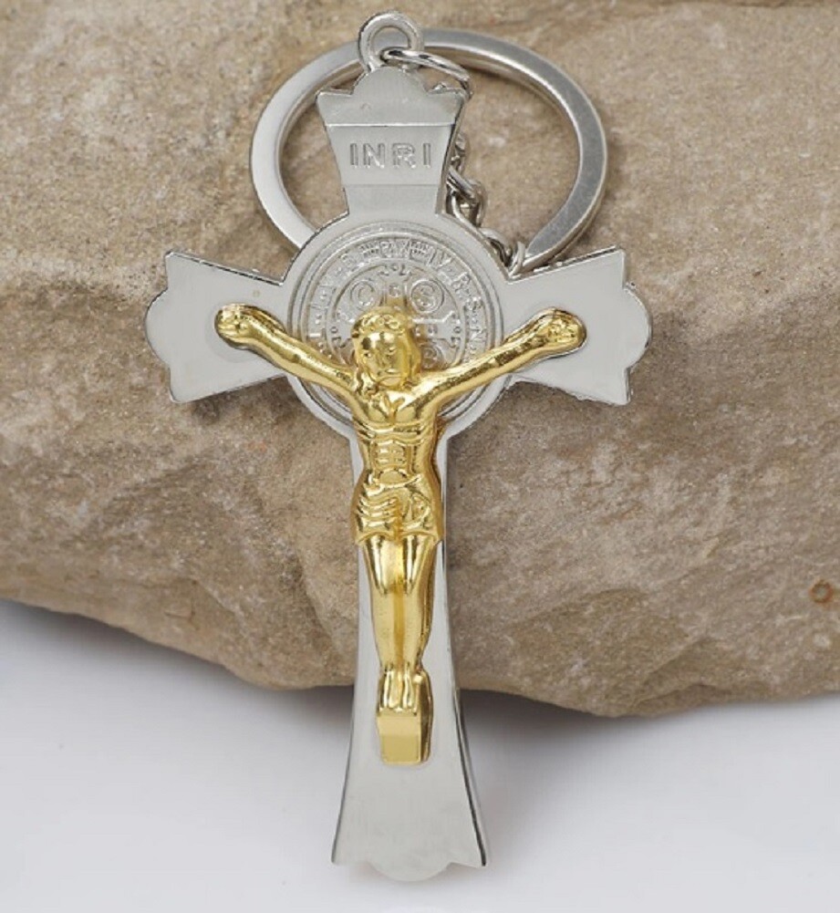 HIGH QUALITY KEYRING JESUS CHRIST ON CROSS CRUCIFIX SILVER GOLD ...