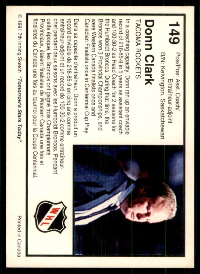 1991-92 7th Inning Sketch WHL Donn Clark IP Signed Auto Tacoma Rockets ...