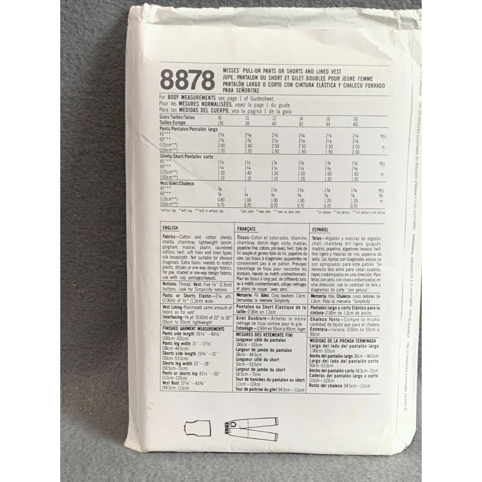 Vintage Simplicity Sewing Pattern 8878 Misses Pant Shors Vest Size 8-18 ...