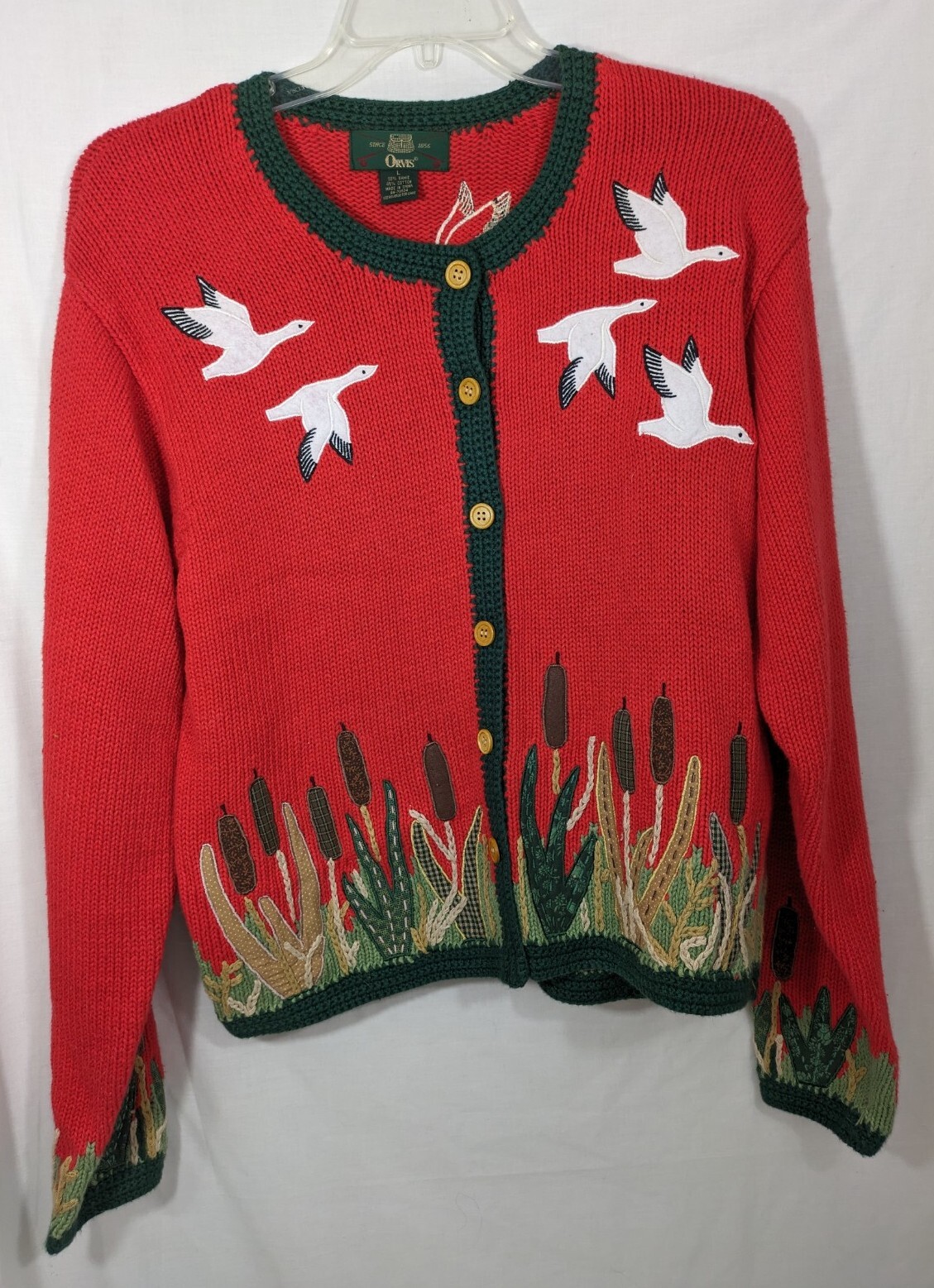 ORVIS Red Cardigan Button Sweater Flying Geese Large … - Gem
