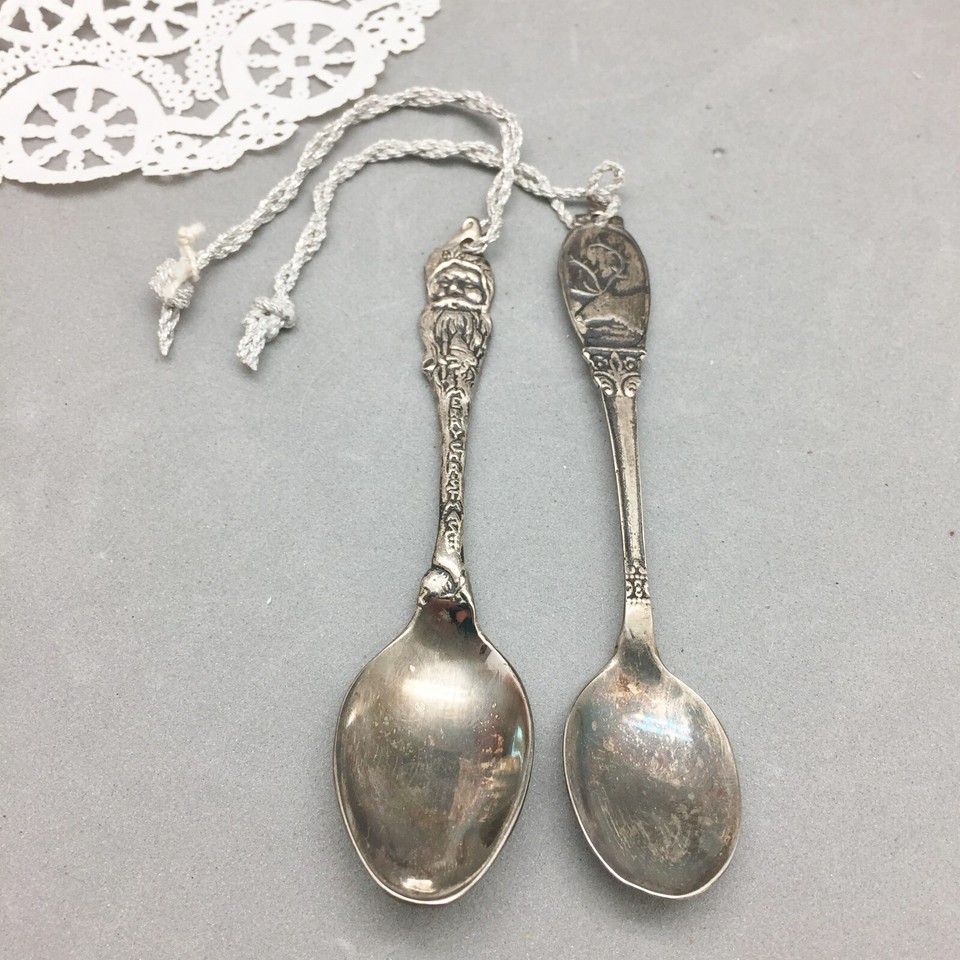 2 Antique Sterling Silver Vintage Miniature Spoon Christmas Santa Elf ...