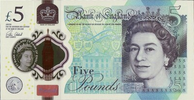 Bank of England 5 Pounds NEW Money Note 2015 United Kingdom Queen ...