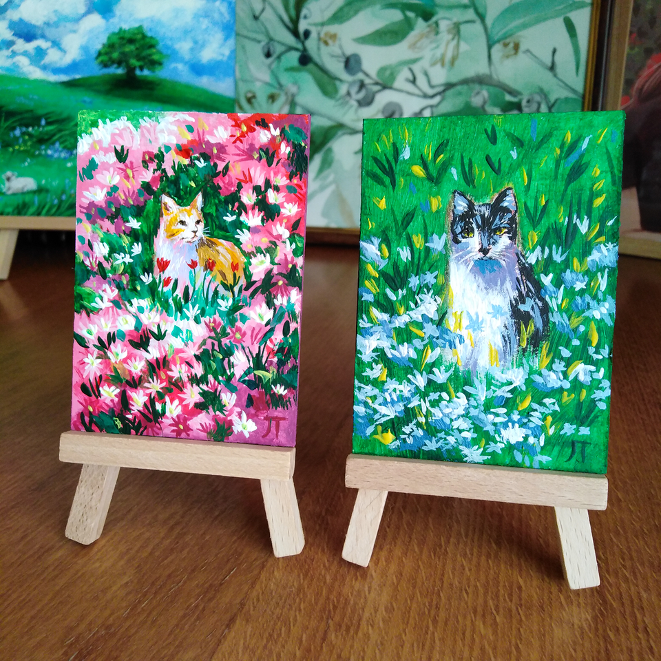 SET A6 A5 ACEO Print Cat in Flower garden Painting | eBay