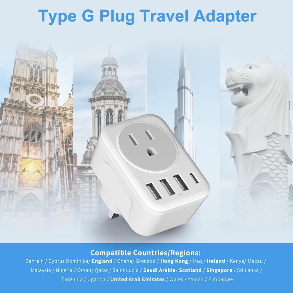 UK Ireland Travel Plug Adapter, RATEA Type G Power Adaptor with 3 USB-A ...