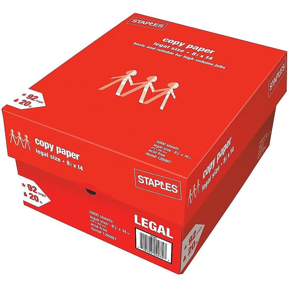 Staples Copy Paper, 8.5" x 14", 20 lbs., White, 500 Sheets/Ream, 10 ...