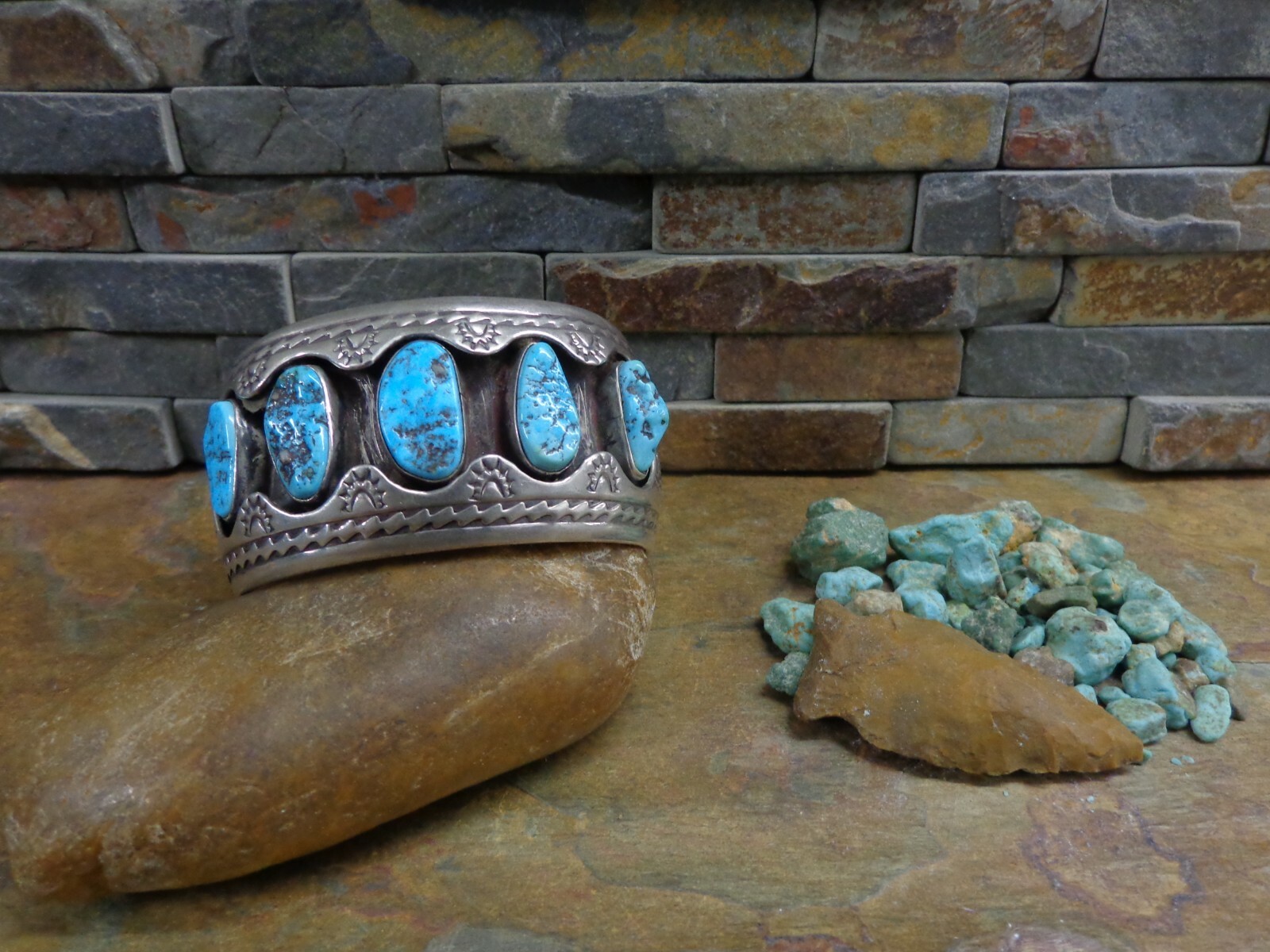 STUNNING NAVAJO SHADOW BOX 5 KINGMAN TURQUOISE STERLI… - Gem