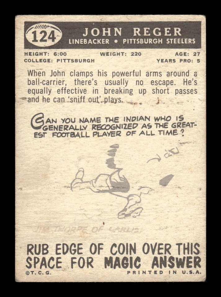 1959 Topps Football #124 John Reger RC Very Good Pittsburgh Steelers | eBay