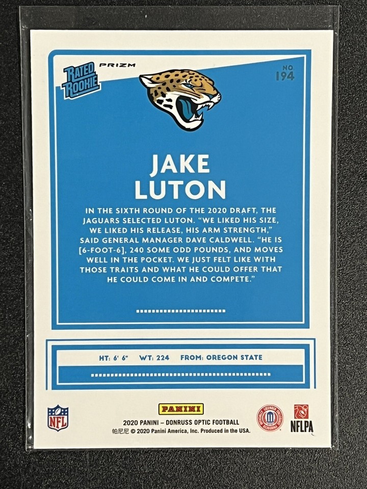 2020 Donruss Optic Jake Luton Blue Scope Prizm Rated Rookie Card #194 ...