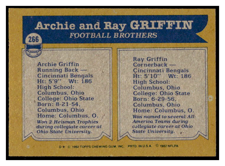 1982 Topps #266 Archie Griffin / Ray Griffin Cincinnati Bengals ...