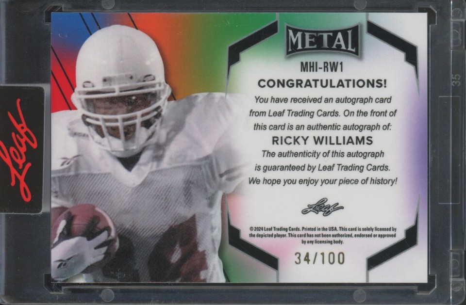2024 Leaf Metal Inscriptions Prismatic Blue Ricky Williams 34/100 Auto ...