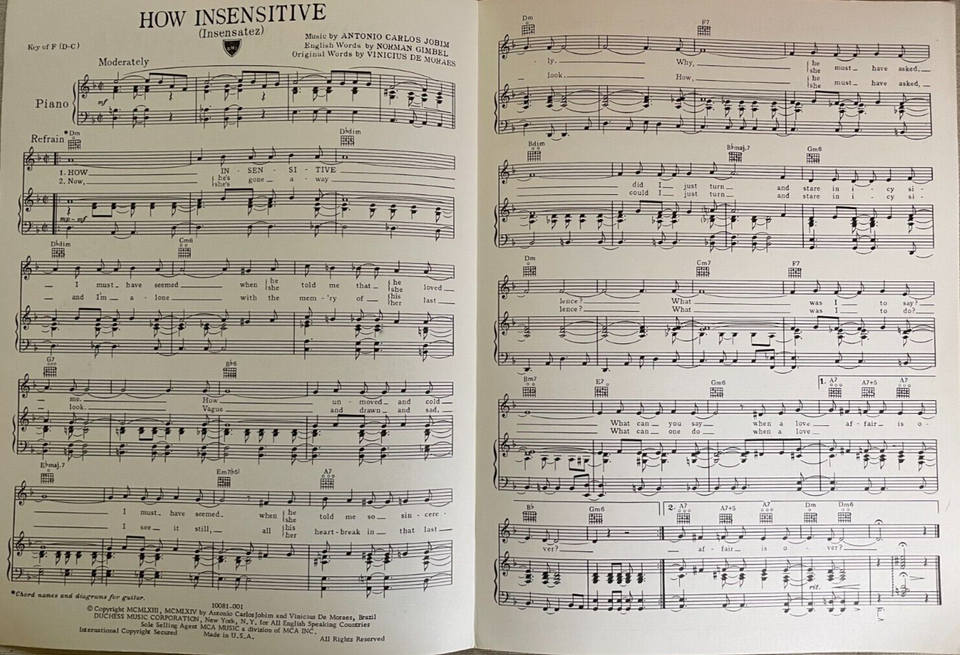 HOW INSENSITIVE (INSENSATEZ) MUSIC B Y ANTONIO CARLOS JOBIM, 1964. | eBay