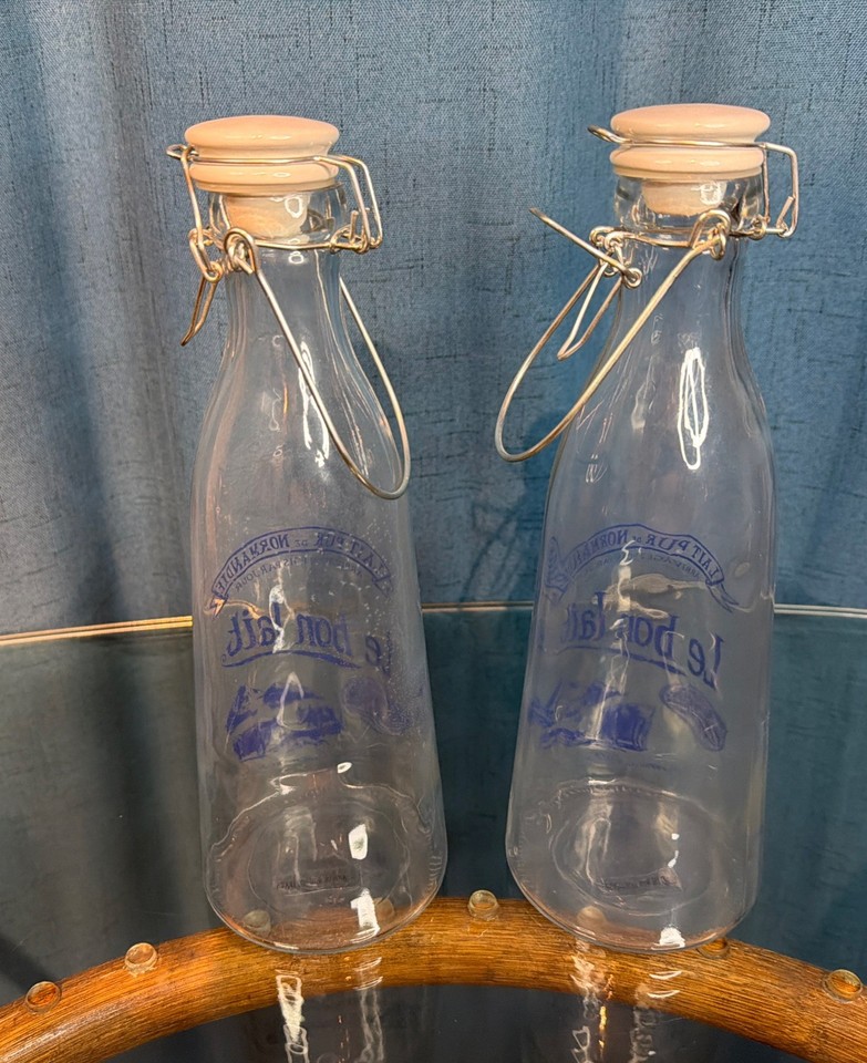 Two Le Bon Lait French Large Milk Bottles With Porcelain Cap And Metal ...