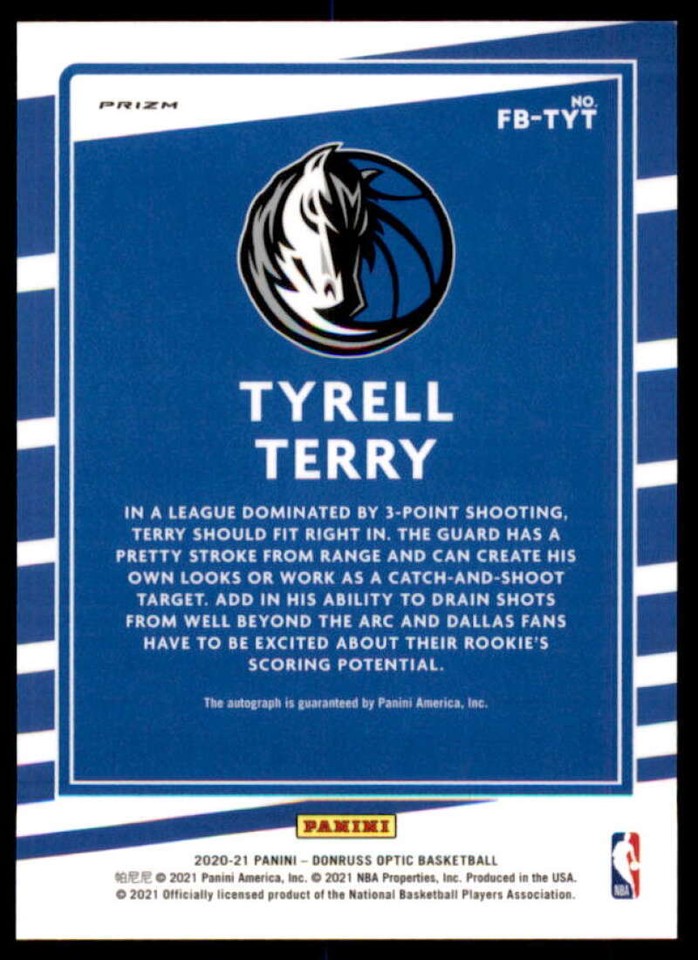Tyrell Terry Rookie Card Card 2020-21 Donruss Optic Fast Break ...