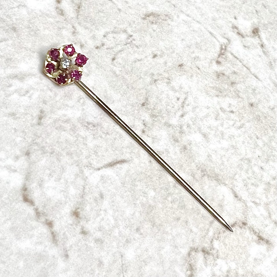 Antique Edwardian 14K Diamond & Ruby Stick Pin - Solid 14K Yellow Gold ...