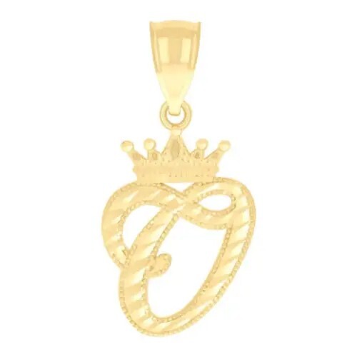 10k Yellow Gold Alphabet Letter Crown O Diamond Cut Initial Cursive ...