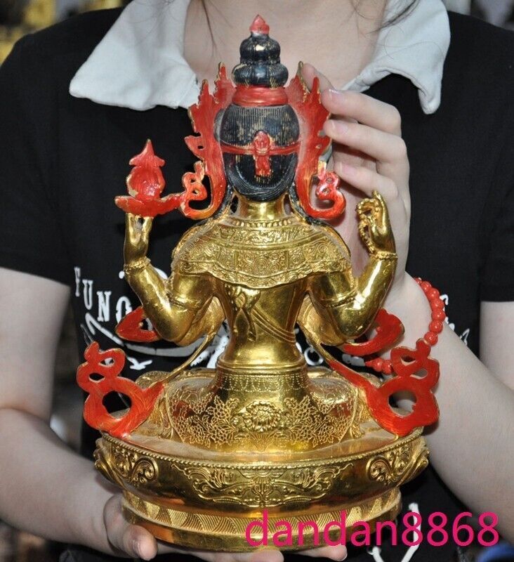 11.6" Tibet Buddhism bronze Gilt 4 arms Tara kwan-yin goddess Buddha ...