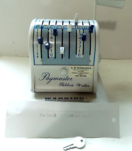 Paymaster Ribbon Writer 8000 Series With Key Vintage Check Writer ...