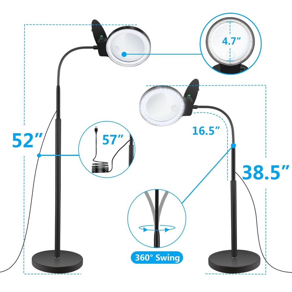 10X 20X Magnifying Glass with Light and Stand, 36 LED Dimmable Floor ...